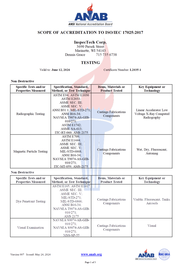 MARINETTE LAB ACCREDITATIONS - InspectTech Corp